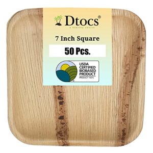 dtocs palm leaf plates pack 50, 7 inch square | eco-friendly, compostable, natural, biobased, organic disposable party plates for wedding, camping, birthday dinner | better than bamboo, paper plates.