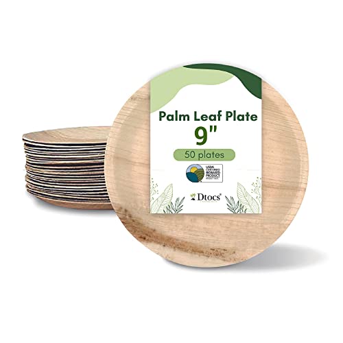 Dtocs Palm Leaf Plate Set (50 Pc) Bamboo Plate Like 9 Inch Round Dinner Plates| Disposable Party Plates, Charcuterie Boards, Platter Sturdy Than Heavy Duty Paper Plates for Weddings, Parties, Catering