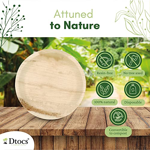 Dtocs Palm Leaf Plate Set (50 Pc) Bamboo Plate Like 9 Inch Round Dinner Plates| Disposable Party Plates, Charcuterie Boards, Platter Sturdy Than Heavy Duty Paper Plates for Weddings, Parties, Catering