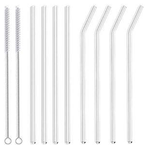 ALINK Skinny Clear Glass Straws, 10.5" x 7 mm Long Reusable Drinking Straws for 30 oz RTIC/YETI Tumblers, Mason Jars, Pack of 8 with 2 Cleaning Brush and 8 Silicone Tips