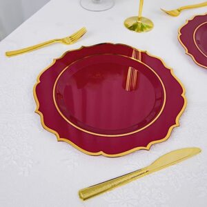 20 Pcs of 10.5" Burgundy Round Dinner Plates With Gold Scalloped Rim Wedding Tableware