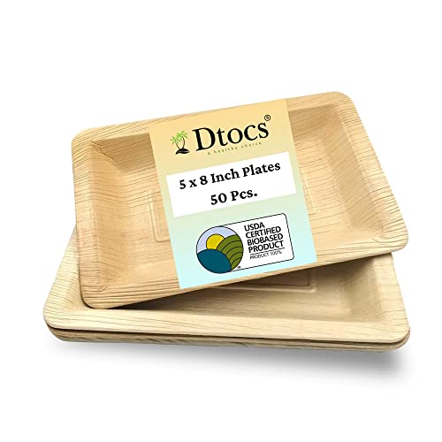 Dtocs Palm Leaf Plates 5x8 Inch Rectangle Tray (50 Pc) -Disposable Bamboo Tray Look Mini Charcuterie Board Set, Dessert Serving Tray, Pasta Plate | Dinnerware Set Sturdy Than Heavy Duty Paper Plates