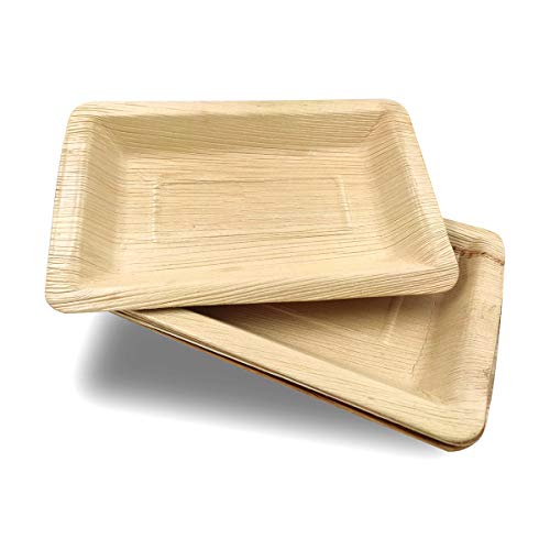 Dtocs Palm Leaf Plates 5x8 Inch Rectangle Tray (50 Pc) -Disposable Bamboo Tray Look Mini Charcuterie Board Set, Dessert Serving Tray, Pasta Plate | Dinnerware Set Sturdy Than Heavy Duty Paper Plates