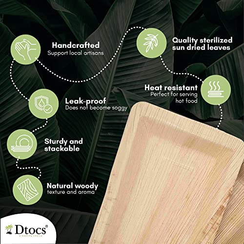 Dtocs Palm Leaf Plates 5x8 Inch Rectangle Tray (50 Pc) -Disposable Bamboo Tray Look Mini Charcuterie Board Set, Dessert Serving Tray, Pasta Plate | Dinnerware Set Sturdy Than Heavy Duty Paper Plates