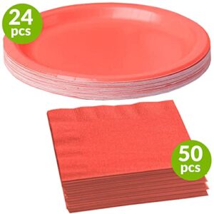 CUSINIUM [24 pcs] 10" Coral Orange Paper Banquet Large Plates with [50 pcs] 3-ply Coral Orange Party Napkins