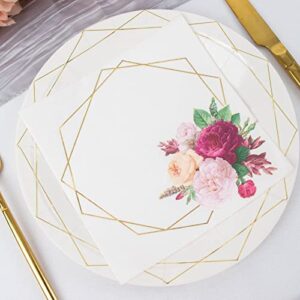 Efavormart 20 Pack | 2 Ply Soft White/Gold Hexagon Frame Floral Paper Napkins, Wedding Dinner Cocktail Beverage Napkins