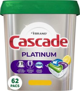 cascade platinum dishwasher pods, dishwasher detergent, dishwasher pod, dishwasher soap pod, actionpacs dish washing pod, lemon, 62 count dishwasher detergent pods