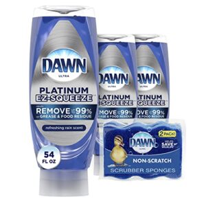 dawn dish soap squeeze bottle, ez-squeeze dawn dishwashing liquid,dawn platinum dish soap liquid,dish washing liquid+non-scratch sponges for dishes,refreshing rain,includes 3x18oz bottles+2 sponges