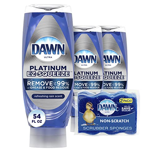 Dawn Dish Soap Squeeze Bottle, EZ-Squeeze Dawn Dishwashing Liquid,Dawn Platinum Dish Soap Liquid,Dish Washing Liquid+Non-Scratch Sponges for Dishes,Refreshing Rain,Includes 3x18oz Bottles+2 Sponges