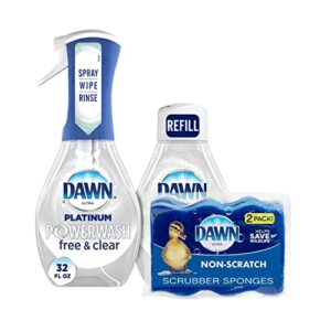 dawn free & clear powerwash dish spray, dish soap, light pear scent bundle, 1 spray (16oz), 1 refill (16oz) non-scratch scrubber sponge (2 count), 1 set