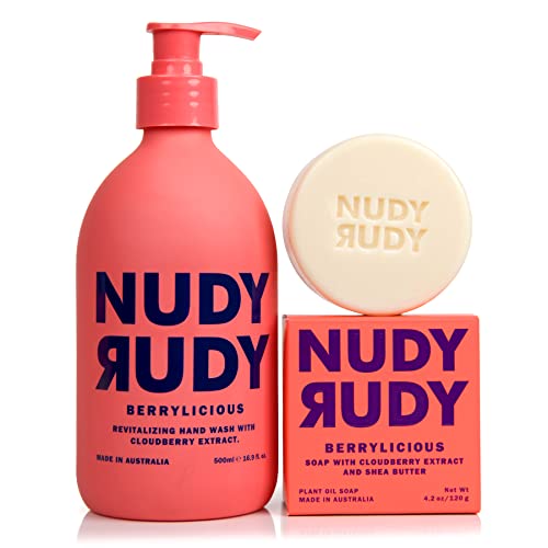 Nudy Rudy - Berrylicious - Liquid Hand Wash + 2 Bar Soap Bundle - Organic Shea Butter - Cloudberries - Non-Greasy - Hand Soap - Body Wash - Skin Care - Men & Women - 16.9 fl oz & 4.2 oz - 3 Pack