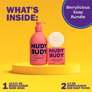 Nudy Rudy - Berrylicious - Liquid Hand Wash + 2 Bar Soap Bundle - Organic Shea Butter - Cloudberries - Non-Greasy - Hand Soap - Body Wash - Skin Care - Men & Women - 16.9 fl oz & 4.2 oz - 3 Pack