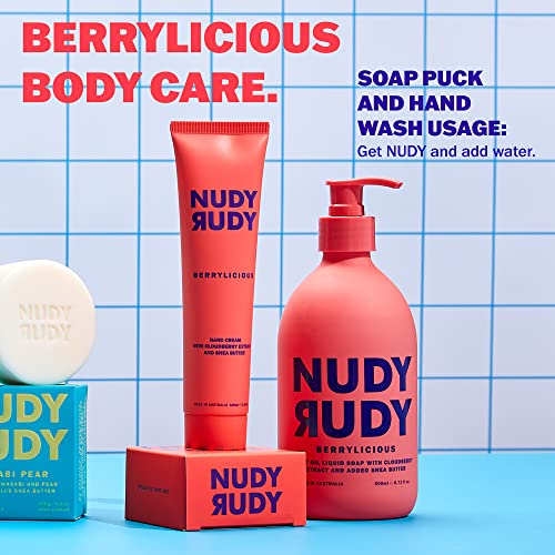 Nudy Rudy - Berrylicious - Liquid Hand Wash + 2 Bar Soap Bundle - Organic Shea Butter - Cloudberries - Non-Greasy - Hand Soap - Body Wash - Skin Care - Men & Women - 16.9 fl oz & 4.2 oz - 3 Pack