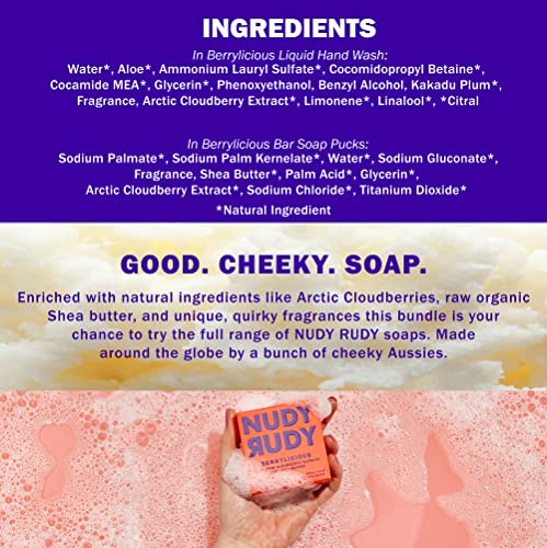 Nudy Rudy - Berrylicious - Liquid Hand Wash + 2 Bar Soap Bundle - Organic Shea Butter - Cloudberries - Non-Greasy - Hand Soap - Body Wash - Skin Care - Men & Women - 16.9 fl oz & 4.2 oz - 3 Pack