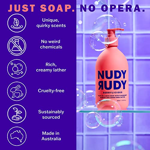 Nudy Rudy - Berrylicious - Liquid Hand Wash + 2 Bar Soap Bundle - Organic Shea Butter - Cloudberries - Non-Greasy - Hand Soap - Body Wash - Skin Care - Men & Women - 16.9 fl oz & 4.2 oz - 3 Pack