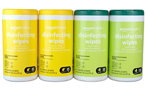 Amazon Basics Disinfecting Wipes, Lemon & Fresh Scent, Sanitizes/Cleans/Disinfects/Deodorizes, White, 85 Count, Pack of 4 (Previously Solimo)