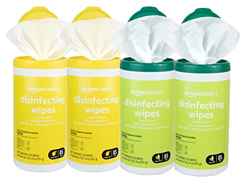 Amazon Basics Disinfecting Wipes, Lemon & Fresh Scent, Sanitizes/Cleans/Disinfects/Deodorizes, White, 85 Count, Pack of 4 (Previously Solimo)