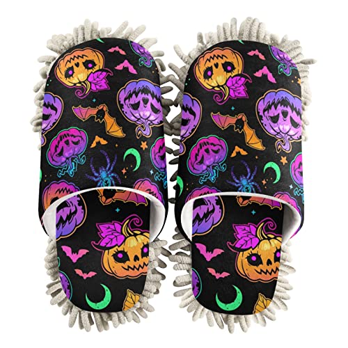 Kigai Microfiber Cleaning Slippers Halloween Pumpkin Purple Washable Mop Shoes Slipper for Men/Women House Floor Dust Cleaner, Size M