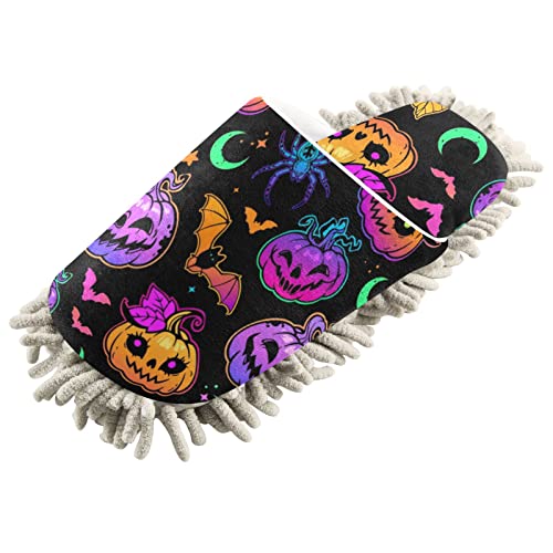 Kigai Microfiber Cleaning Slippers Halloween Pumpkin Purple Washable Mop Shoes Slipper for Men/Women House Floor Dust Cleaner, Size M