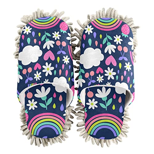 Kigai Microfiber Cleaning Slippers Cute Floral and Rainbow Washable Mop Shoes Slipper for Men/Women House Floor Dust Cleaner, Size L