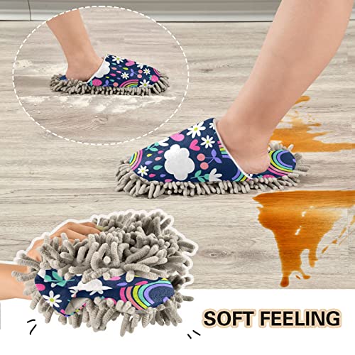 Kigai Microfiber Cleaning Slippers Cute Floral and Rainbow Washable Mop Shoes Slipper for Men/Women House Floor Dust Cleaner, Size L