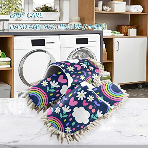 Kigai Microfiber Cleaning Slippers Cute Floral and Rainbow Washable Mop Shoes Slipper for Men/Women House Floor Dust Cleaner, Size L