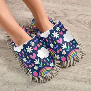 Kigai Microfiber Cleaning Slippers Cute Floral and Rainbow Washable Mop Shoes Slipper for Men/Women House Floor Dust Cleaner, Size L