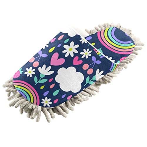 Kigai Microfiber Cleaning Slippers Cute Floral and Rainbow Washable Mop Shoes Slipper for Men/Women House Floor Dust Cleaner, Size L