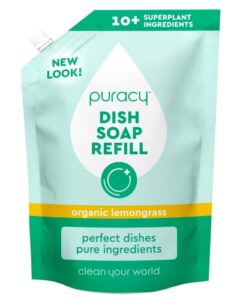 puracy natural dish soap refill, skin-softening plant-based liquid dishwashing detergent soap, clean-rinsing water-sheeting formula, (organic lemongrass 48 oz)