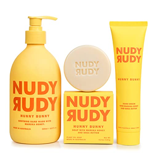 Nudy Rudy - Hunny Bunny Trio Bundle - Hand Cream, Liquid Hand Wash & Bar Soap - Organic Shea Butter - Manuka Honey - Non-Greasy - Moisturizer - Hand Lotion - Hand Soap - Body Wash - Skin Care - 3 Pack