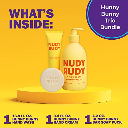 Nudy Rudy - Hunny Bunny Trio Bundle - Hand Cream, Liquid Hand Wash & Bar Soap - Organic Shea Butter - Manuka Honey - Non-Greasy - Moisturizer - Hand Lotion - Hand Soap - Body Wash - Skin Care - 3 Pack