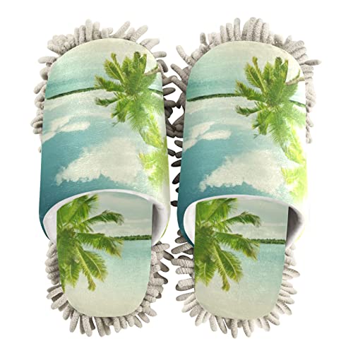 Kigai Microfiber Cleaning Slippers Seaside Palm Tree Washable Mop Shoes Slipper for Men/Women House Floor Dust Cleaner, Size M