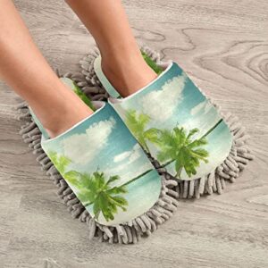 Kigai Microfiber Cleaning Slippers Seaside Palm Tree Washable Mop Shoes Slipper for Men/Women House Floor Dust Cleaner, Size M