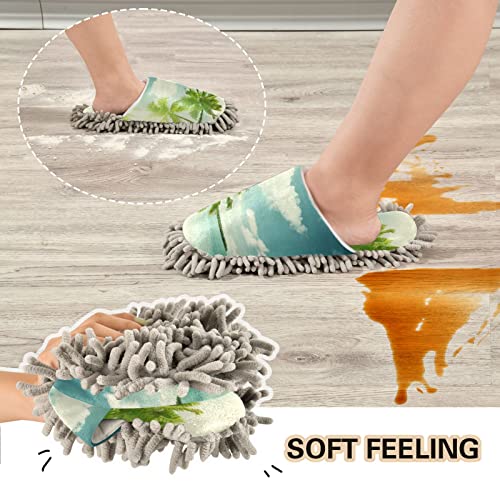 Kigai Microfiber Cleaning Slippers Seaside Palm Tree Washable Mop Shoes Slipper for Men/Women House Floor Dust Cleaner, Size M