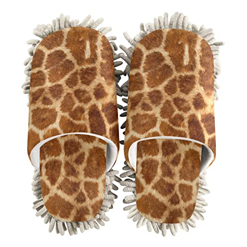 Kigai Microfiber Cleaning Slippers Giraffe Leopard Washable Mop Shoes Slipper for Men/Women House Floor Dust Cleaner, Size L