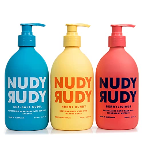 Nudy Rudy - Liquid Hand Wash Bundle - Berrylicious, Hunny Bunny, & Sea. Salt. Suds. - Manuka Honey - Cloudberries - Sea Salt - Moisturizing Hand Soap - Skin Care - Men & Women - 16.9 fl oz - 3 Pack