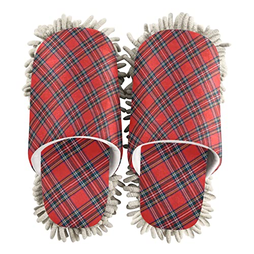 Kigai Microfiber Cleaning Slippers Classic Red Plaid Washable Mop Shoes Slipper for Men/Women House Floor Dust Cleaner, Size M