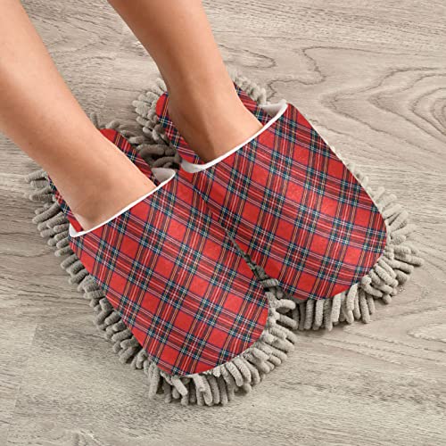 Kigai Microfiber Cleaning Slippers Classic Red Plaid Washable Mop Shoes Slipper for Men/Women House Floor Dust Cleaner, Size M