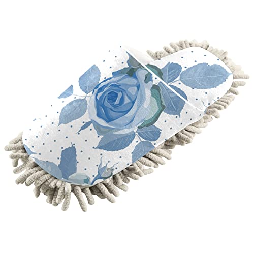 Kigai Microfiber Cleaning Slippers Blue Rose Washable Mop Shoes Slipper for Men/Women House Floor Dust Cleaner, Size L