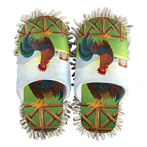 Kigai Microfiber Cleaning Slippers Cartoon Rooster Washable Mop Shoes Slipper for Men/Women House Floor Dust Cleaner, Size L