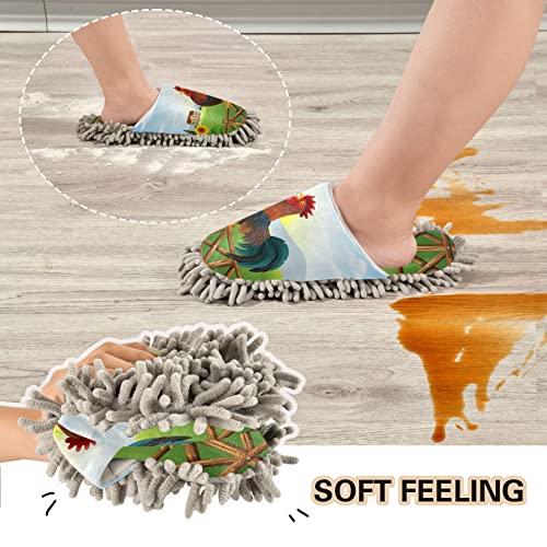 Kigai Microfiber Cleaning Slippers Cartoon Rooster Washable Mop Shoes Slipper for Men/Women House Floor Dust Cleaner, Size L