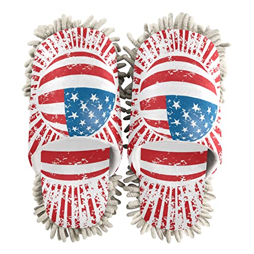 Kigai Microfiber Cleaning Slippers American Flag Stripe Washable Mop Shoes Slipper for Men/Women House Floor Dust Cleaner, Size L