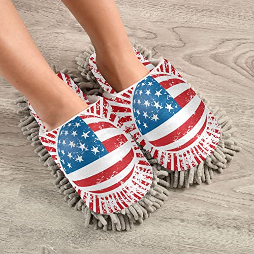 Kigai Microfiber Cleaning Slippers American Flag Stripe Washable Mop Shoes Slipper for Men/Women House Floor Dust Cleaner, Size L