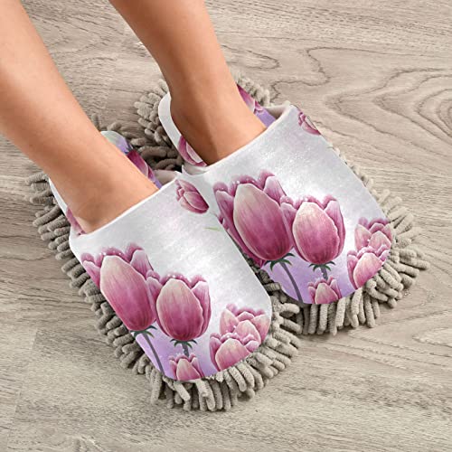 Kigai Microfiber Cleaning Slippers Beautiful Spring Tulip Flower Washable Mop Shoes Slipper for Men/Women House Floor Dust Cleaner, Size M