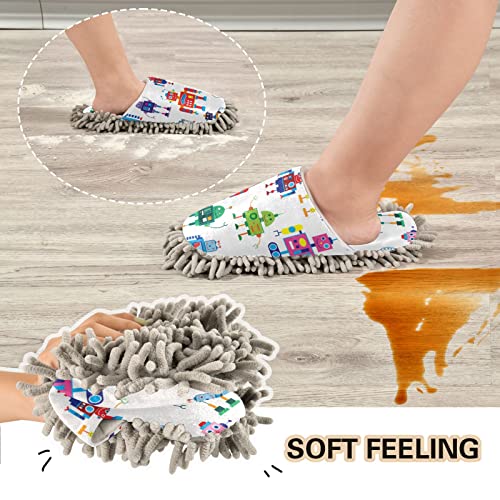 Microfiber Cleaning Slippers Cute Robots Washable Mop Shoes Slipper for Men/Women House Floor Dust Cleaner, Size L