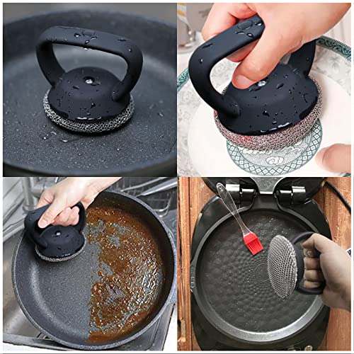 Cast Iron Cleaner, Chainmail Scrubber Brush with Handle, Small Ring Round Chain Link Pot Scrubber Cleaning Brush for Cast Iron Pans Skillet, Cast Iron Griddle, Frying Pans, Bakeware