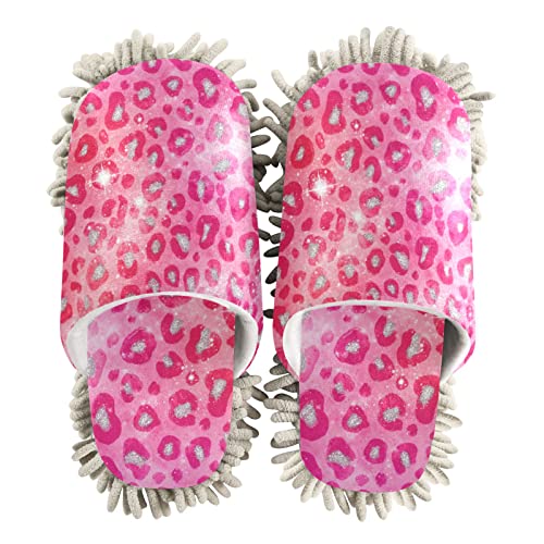 Kigai Microfiber Cleaning Slippers Bright Pink Laopard Washable Mop Shoes Slipper for Men/Women House Floor Dust Cleaner, Size M