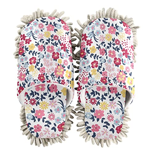 Kigai Microfiber Cleaning Slippers Cute Floral Washable Mop Shoes Slipper for Men/Women House Floor Dust Cleaner, Size L