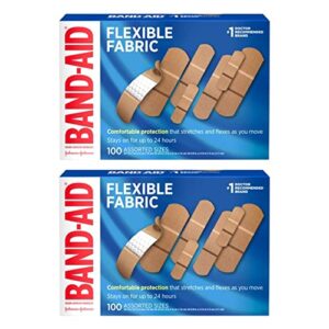 band-aid brand flexible fabric adhesive bandages for comfortable flexible protection & wound care of minor cuts, scrapes, & wounds, assorted sizes, twin pack, 2 x 100 ct