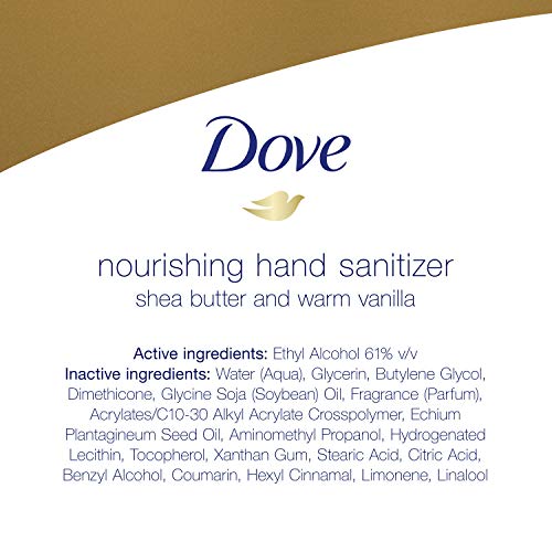 Dove Nourishing Hand Sanitizer 99.99% Effective Against Germs Shea Butter and Warm Vanilla Antibacterial Gel with 61% Alcohol and Lasting Moisturization For Up to 8 Hours, 8 Fl Oz (Pack of 4)